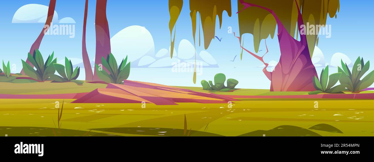 Dangerous swamp in summer forest. Vector cartoon illustration of lake ...