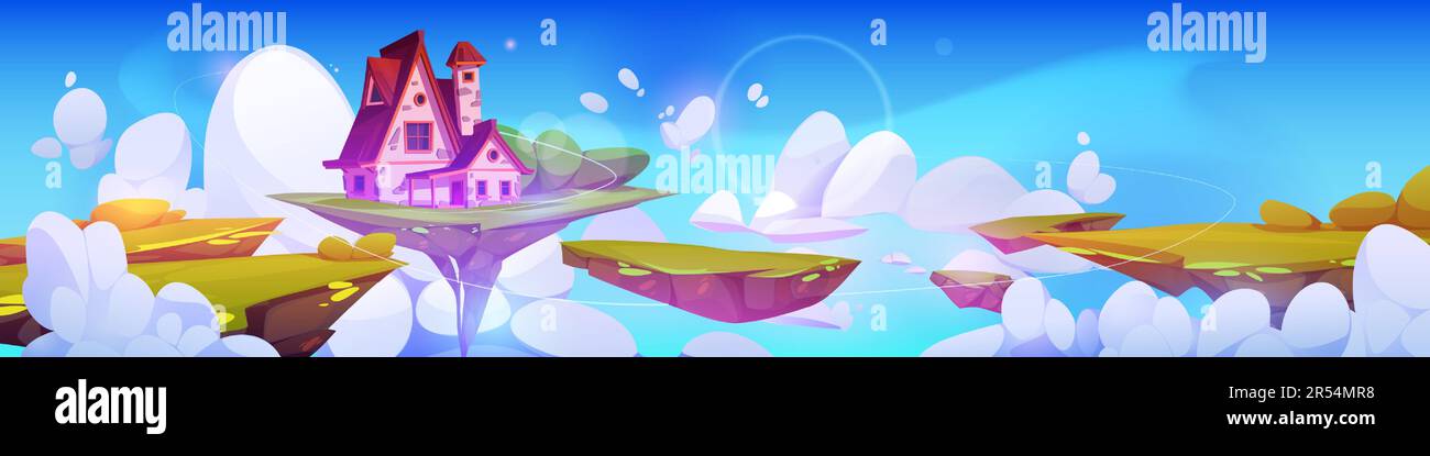 Floating island with house and green garden. Vector cartoon ...