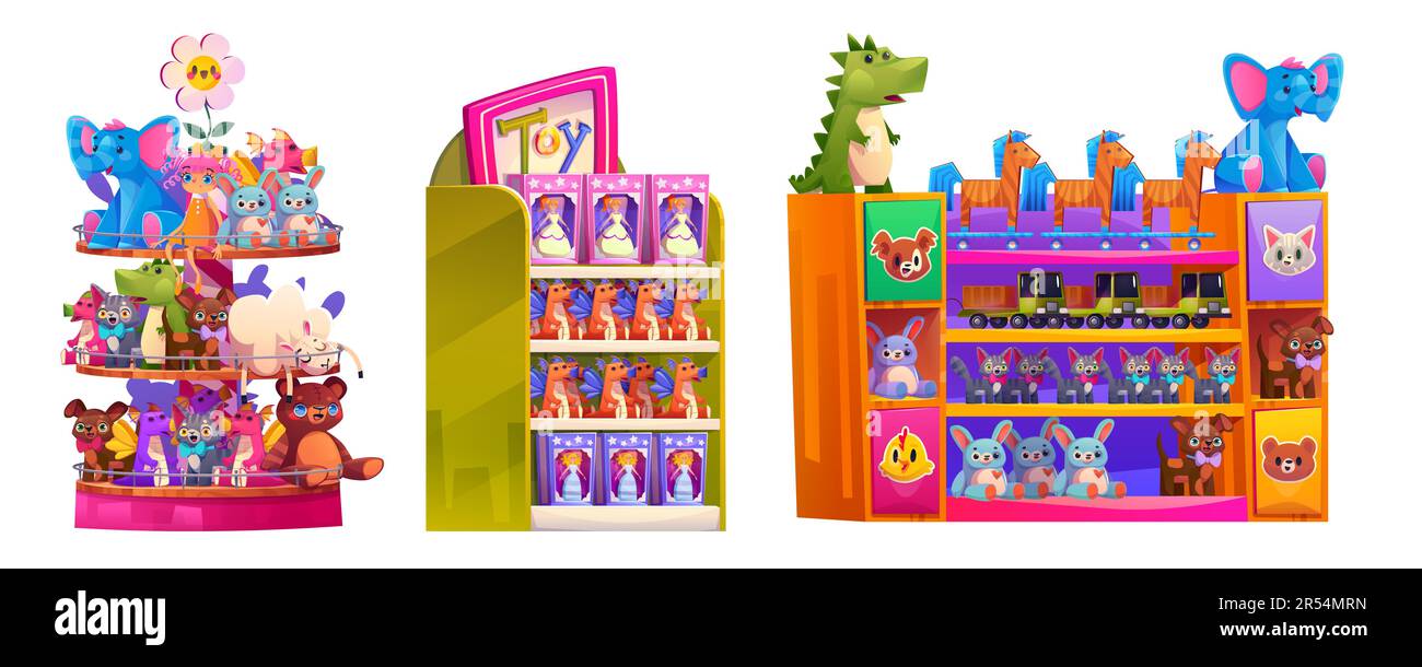 Cartoon set of toy shop goods on shelves isolated on white background ...