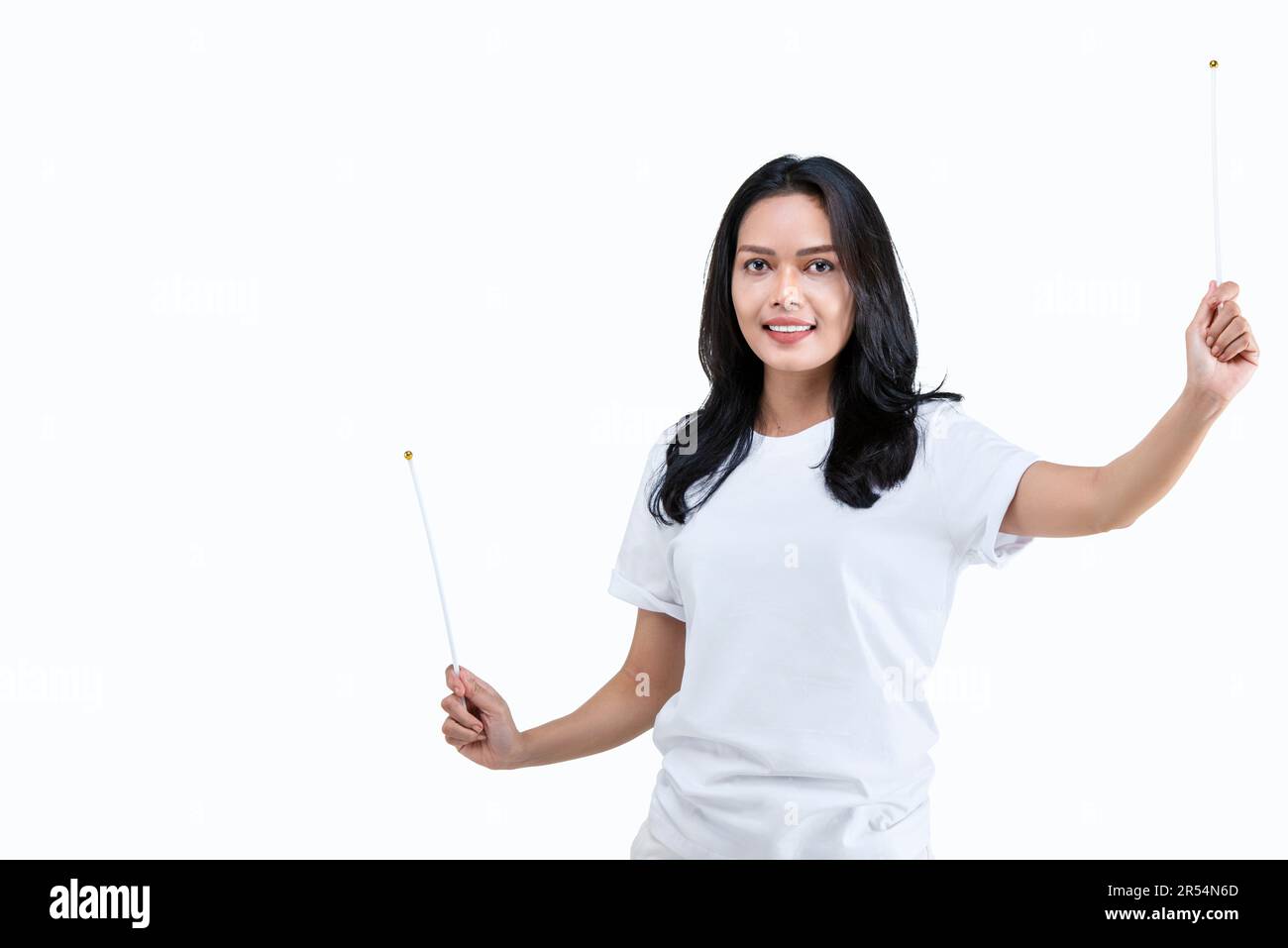 Asian woman holding an empty stick isolated over white background ...