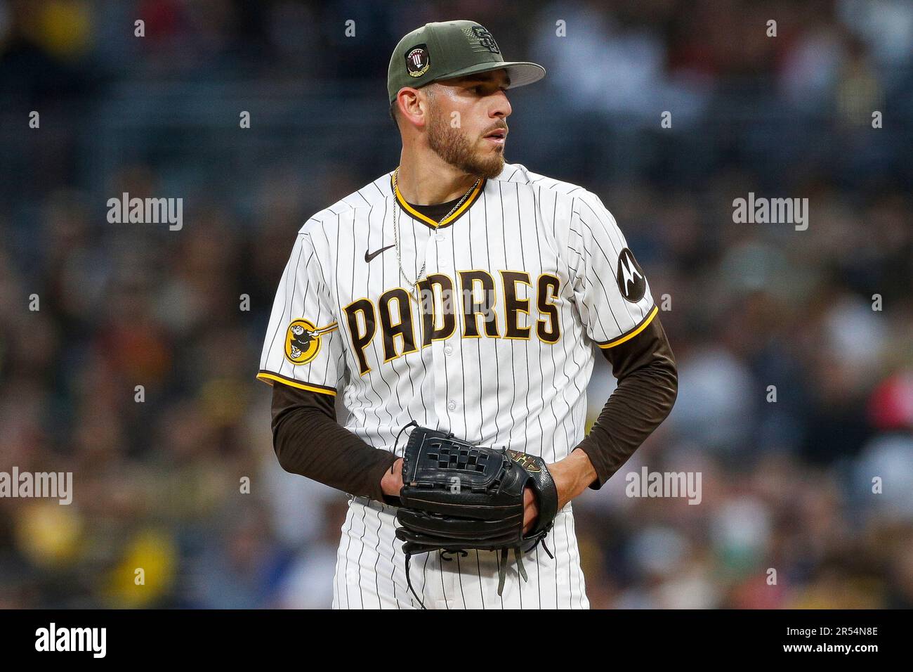 San Diego Padres starting pitcher Joe Musgrove gets set to throw a ...