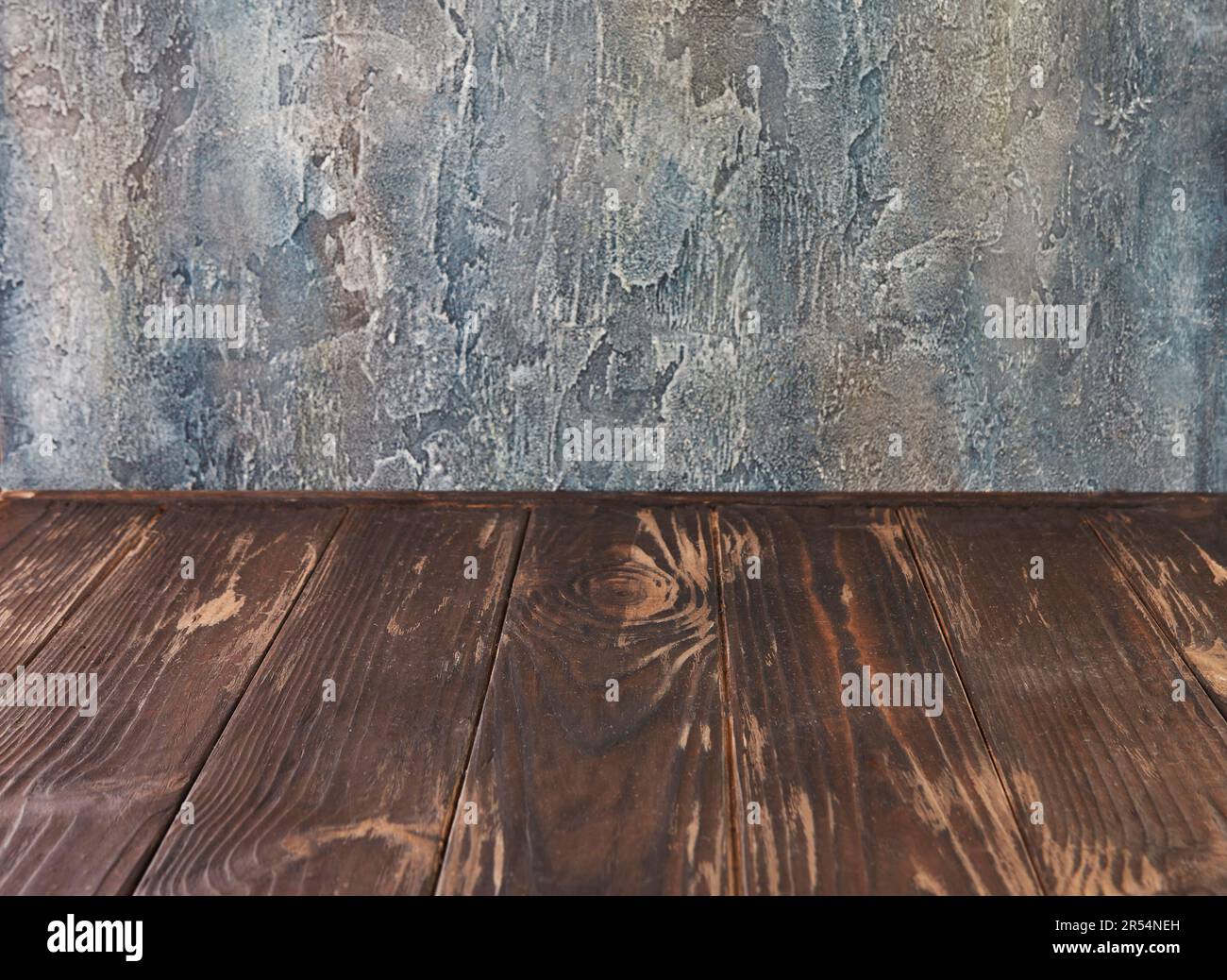 Background texture of dark brown wood and blue concrete for food and ...