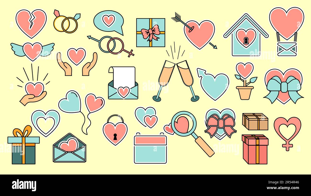 A set of large simple flat-style icons of beautiful hearts, gifts ...