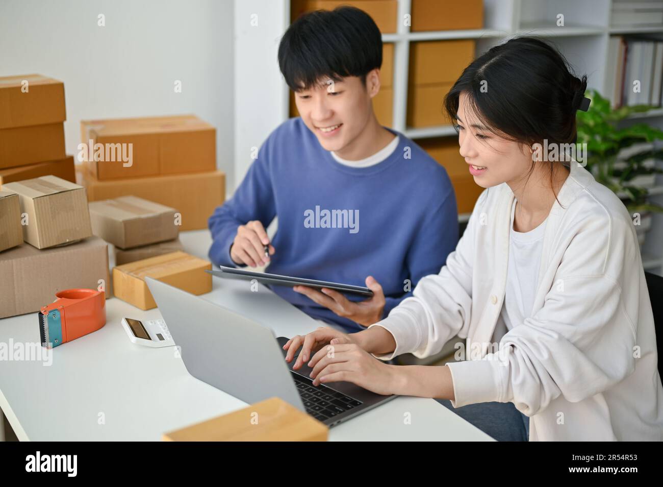 A lovely couple is working in their home office, planning their online ...