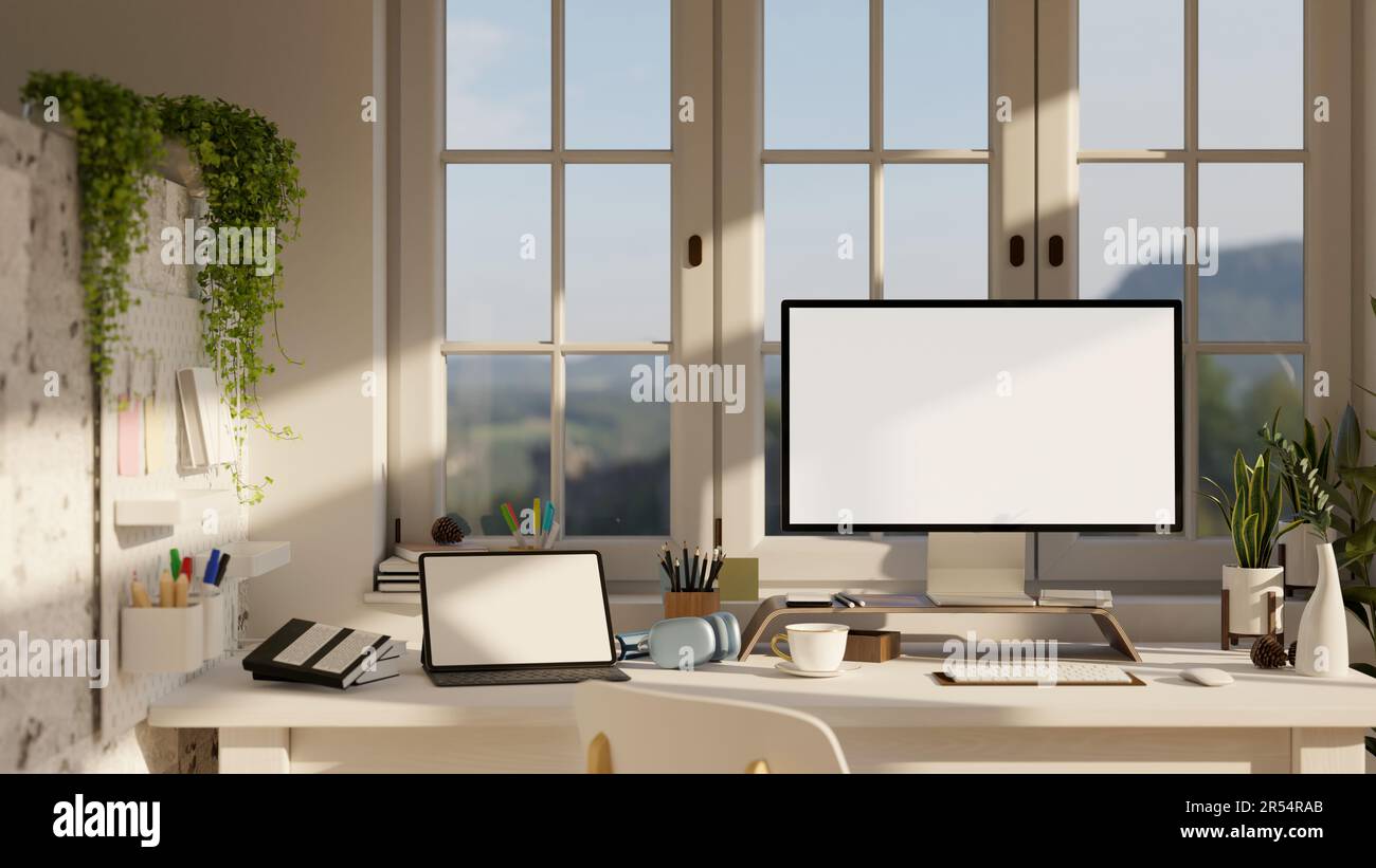 Modern minimal white home workspace with computer white screen mockup ...