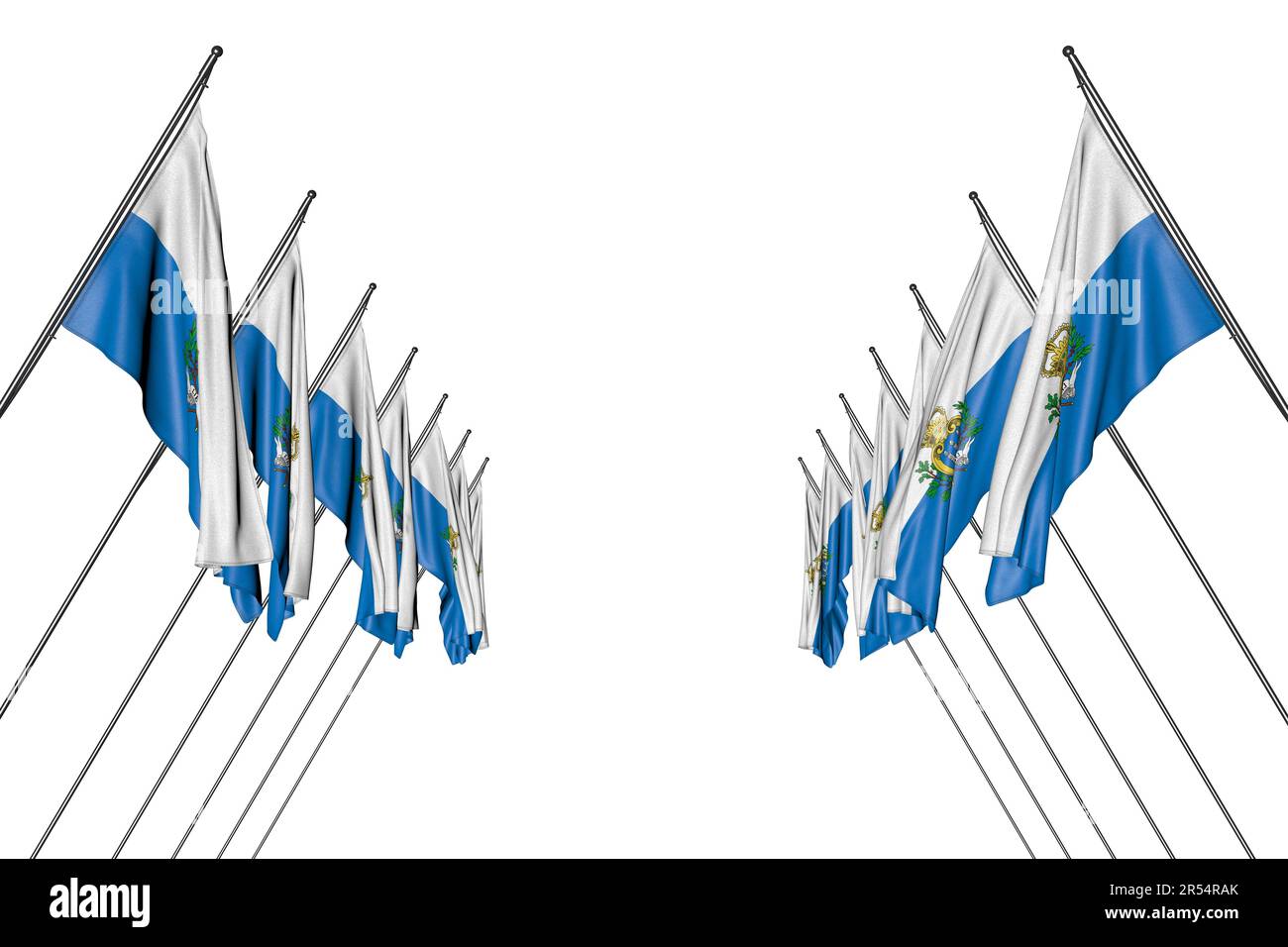 pretty many San Marino flags hangs on diagonal poles from left and ...