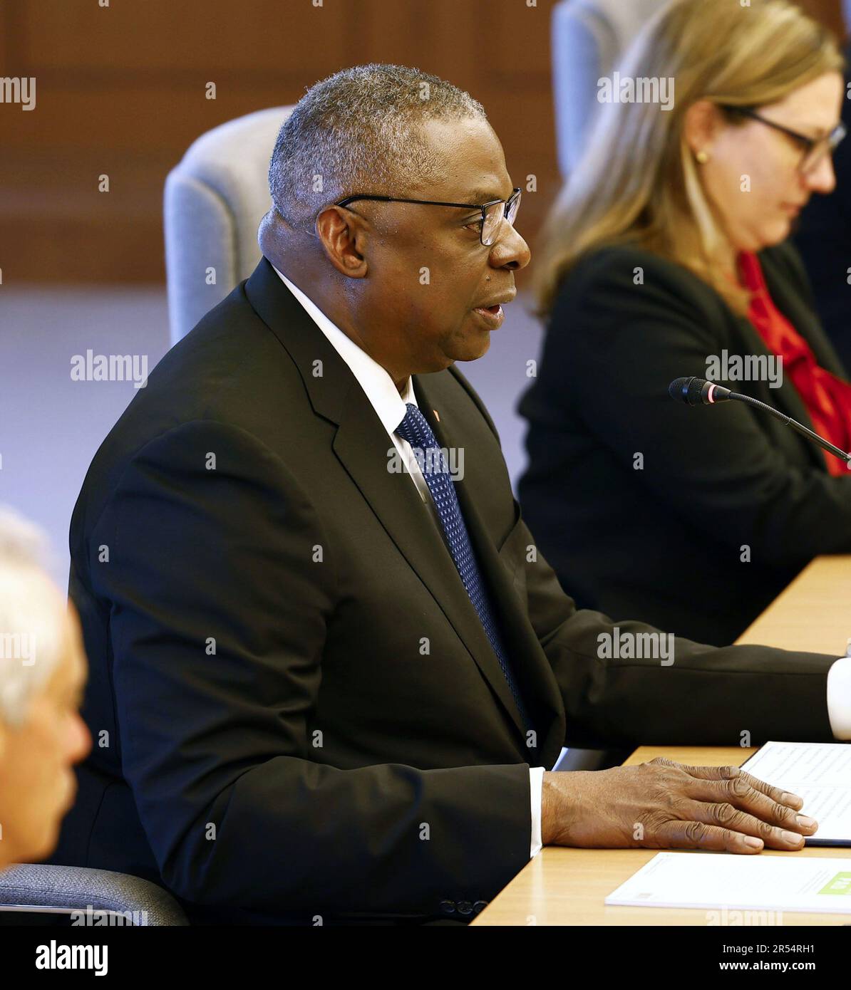 Tokyo, Japan, June 1, 2023. U.S. Defense Secretary Lloyd Austin (front ...