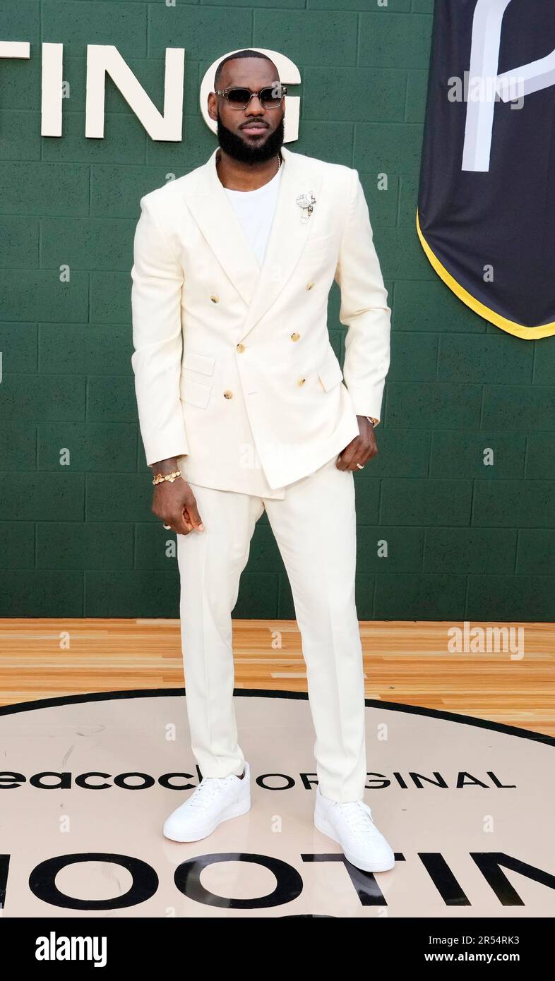NBA basketball player LeBron James poses at the premiere of the Peacock film "Shooting Stars ...