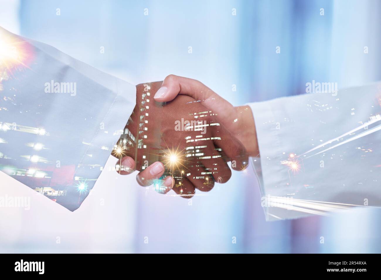 Closeup, doctors and handshake with double exposure in partnership ...