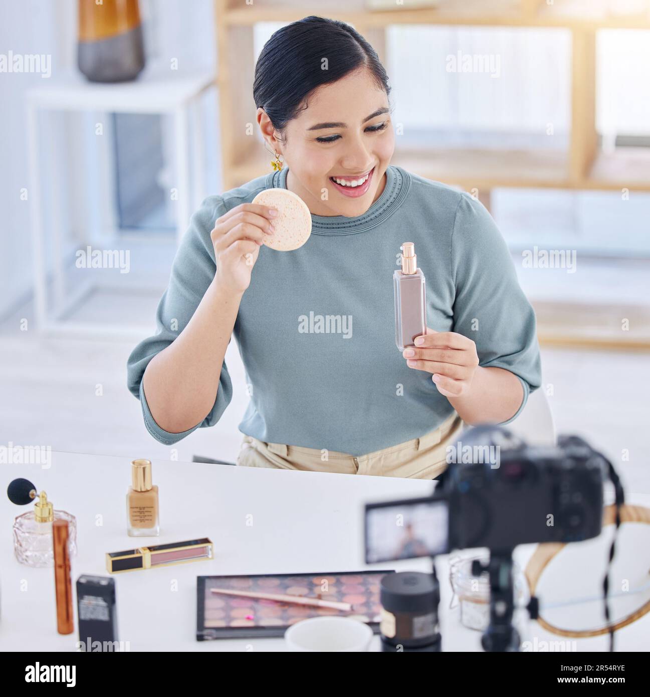 Makeup, influencer, camera and happy woman streaming tutorial for ...