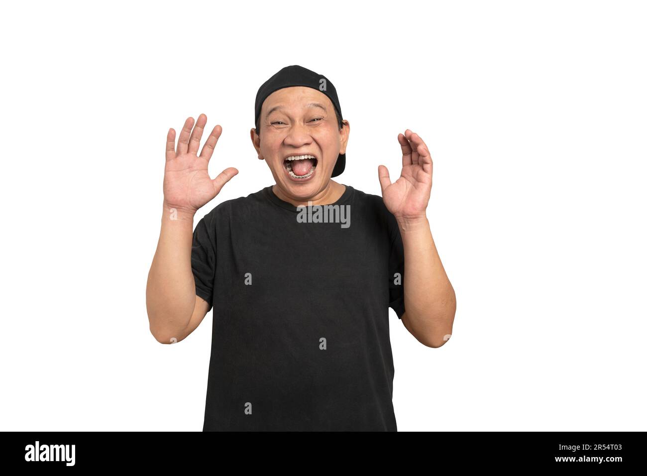 Portrait of an Asian man with a laughing facial expression isolated ...