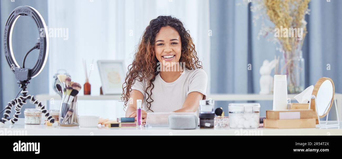 Portrait of makeup influencer, smile and woman streaming tutorial for ...