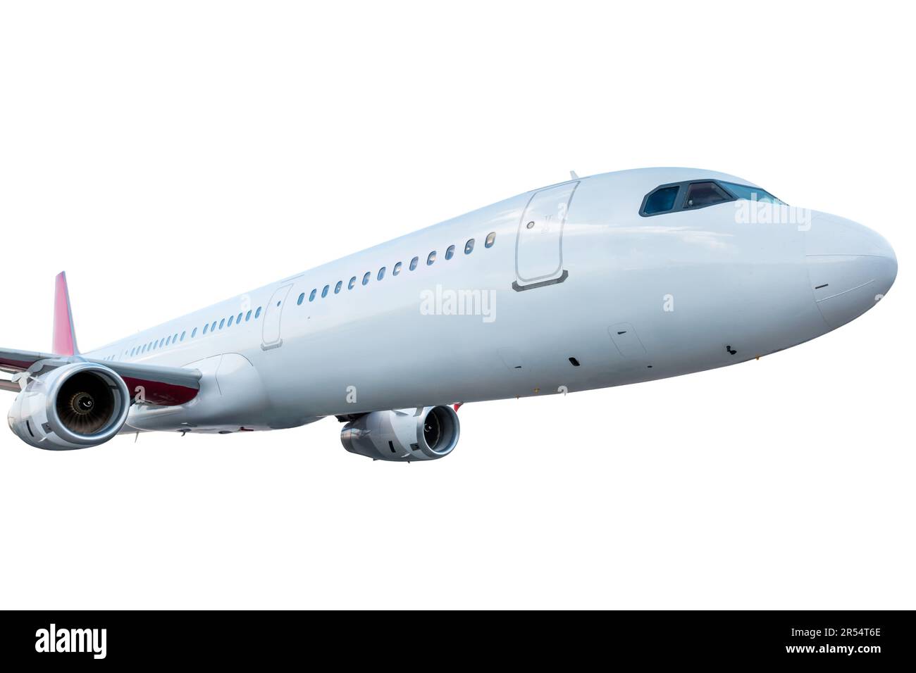 Close-up passenger jet plane fly isolated on white background Stock ...