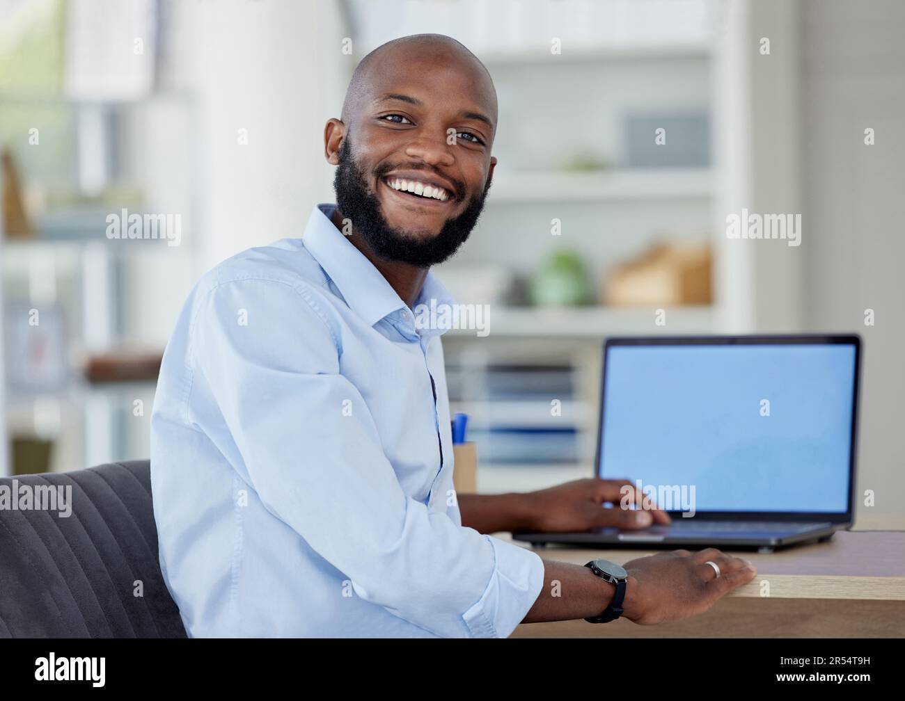 Screen, laptop and portrait of black man tech company entrepreneur ...