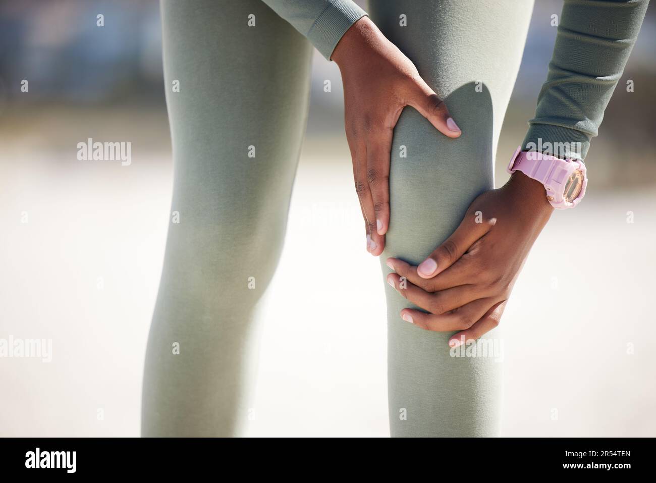 Hands, knee injury and athlete outdoor with pain during exercise ...
