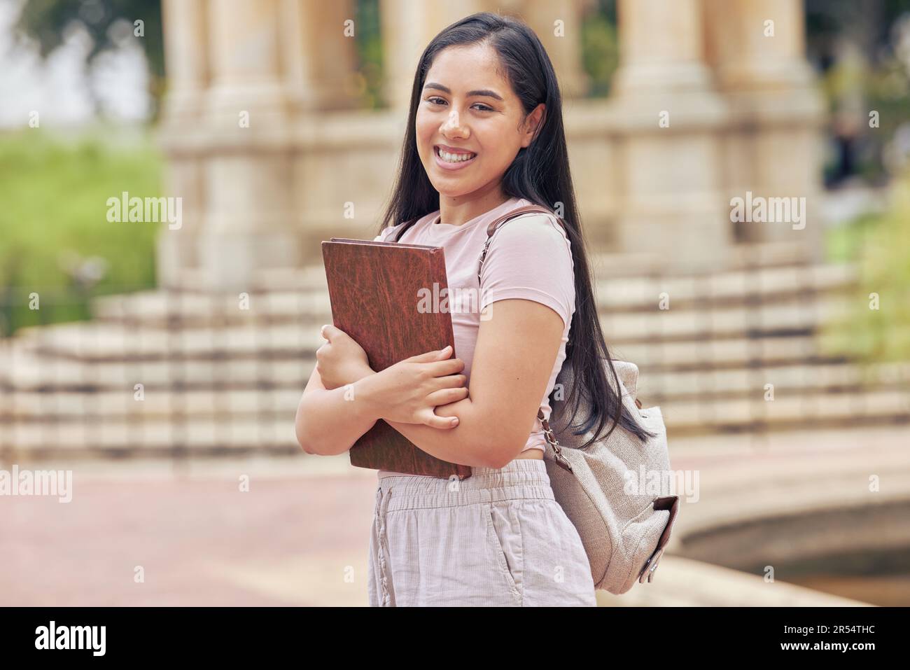 University student, woman and tablet for campus portrait with smile ...