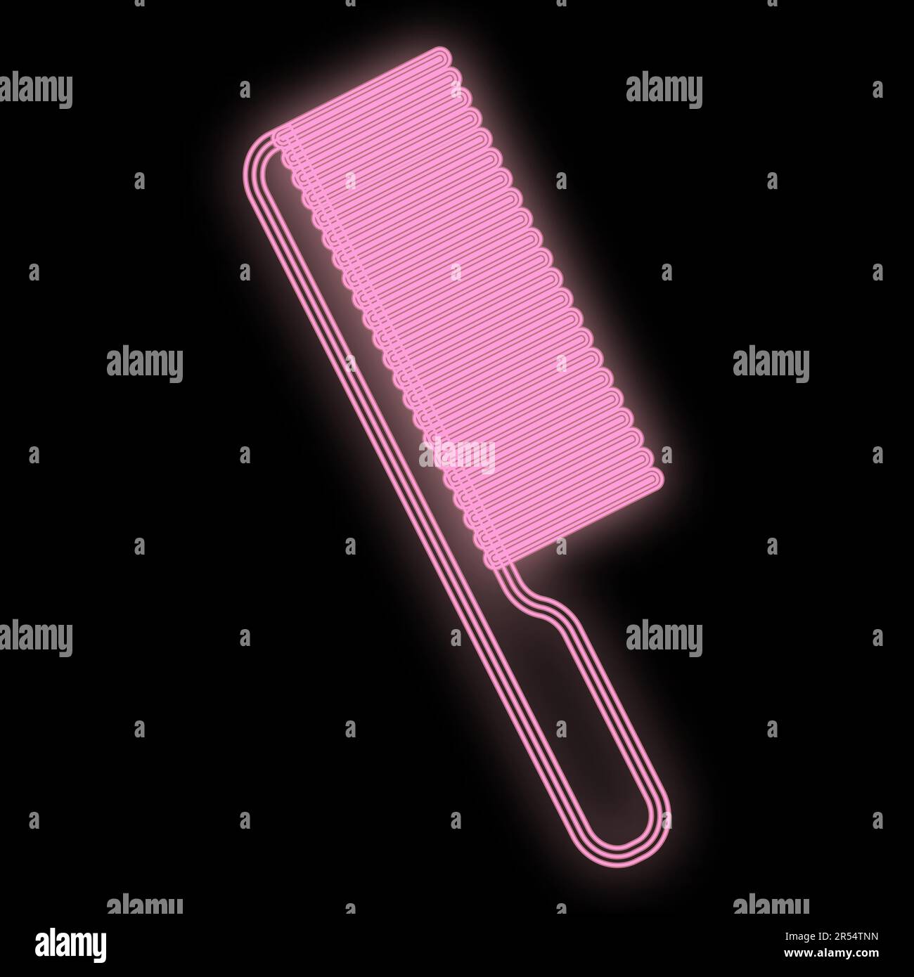 Bright pink neon comb on a black background. tool for creating ...