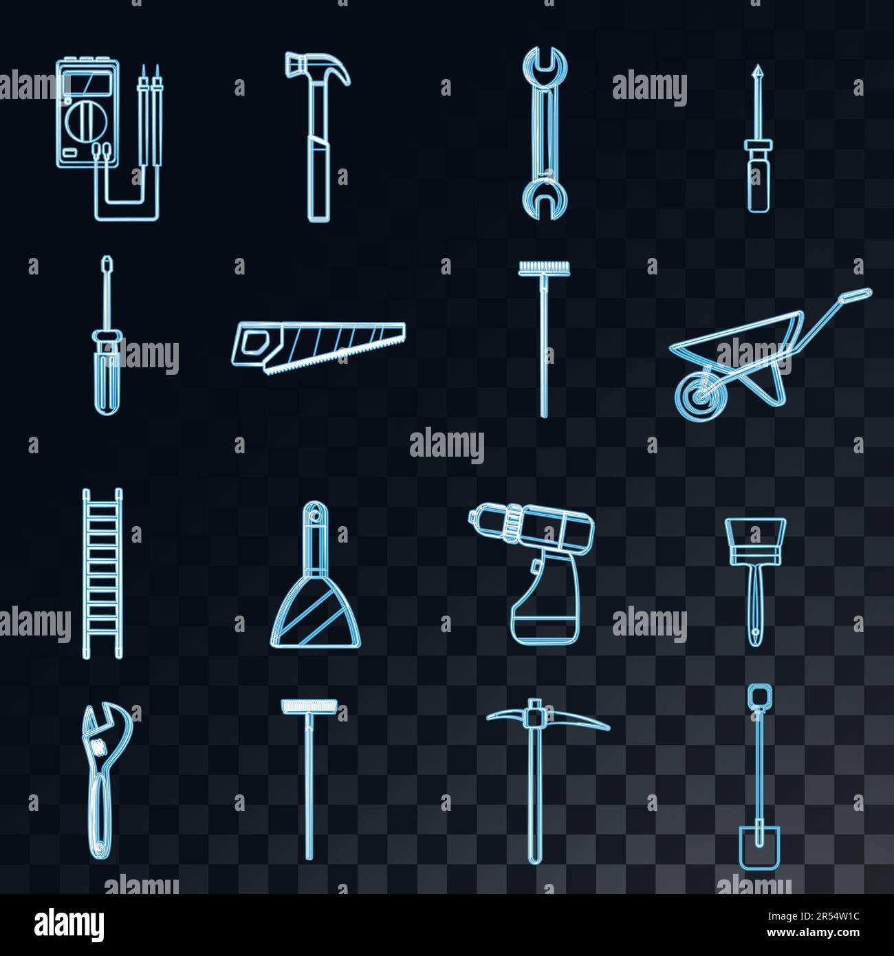 A large set of abstract neon glowing blue icons of construction ...