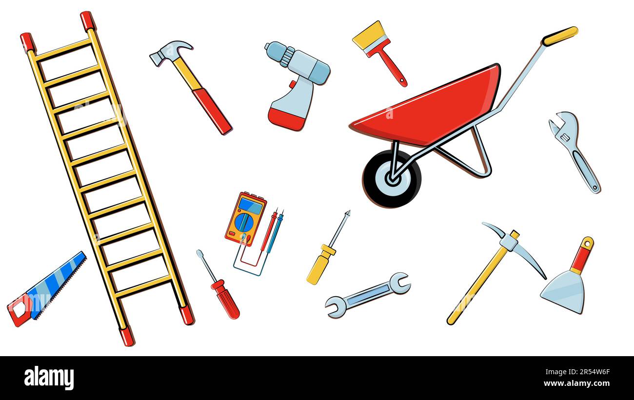 Scattered on the floor items of construction tools for home repair ...