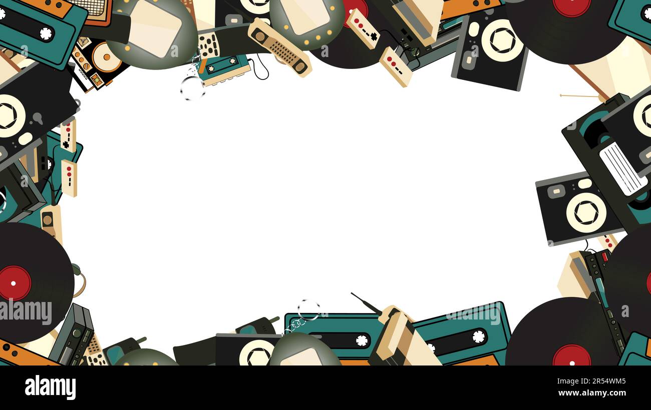 Frame from old retro hipster electronics, mobile phones, TV, tape ...