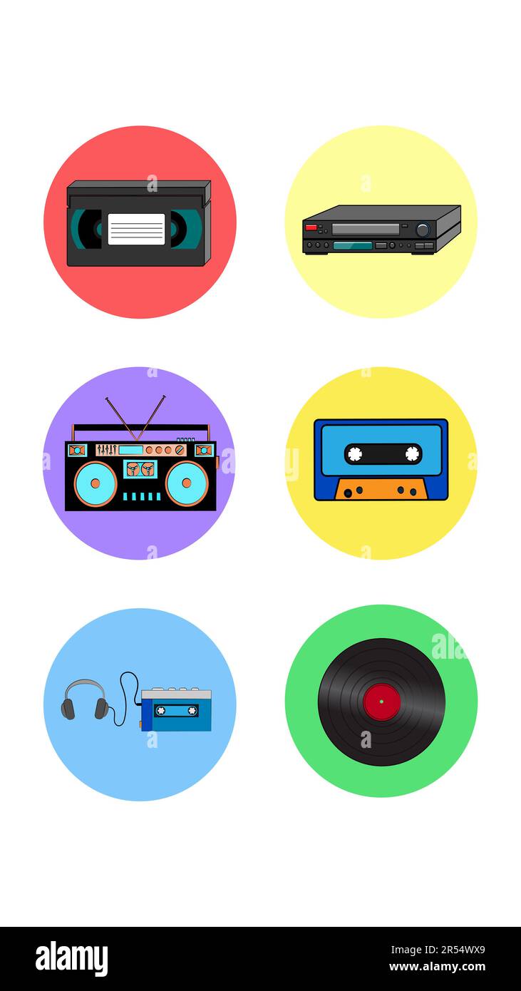 A set of six round icons for the current old antique retro electronics ...