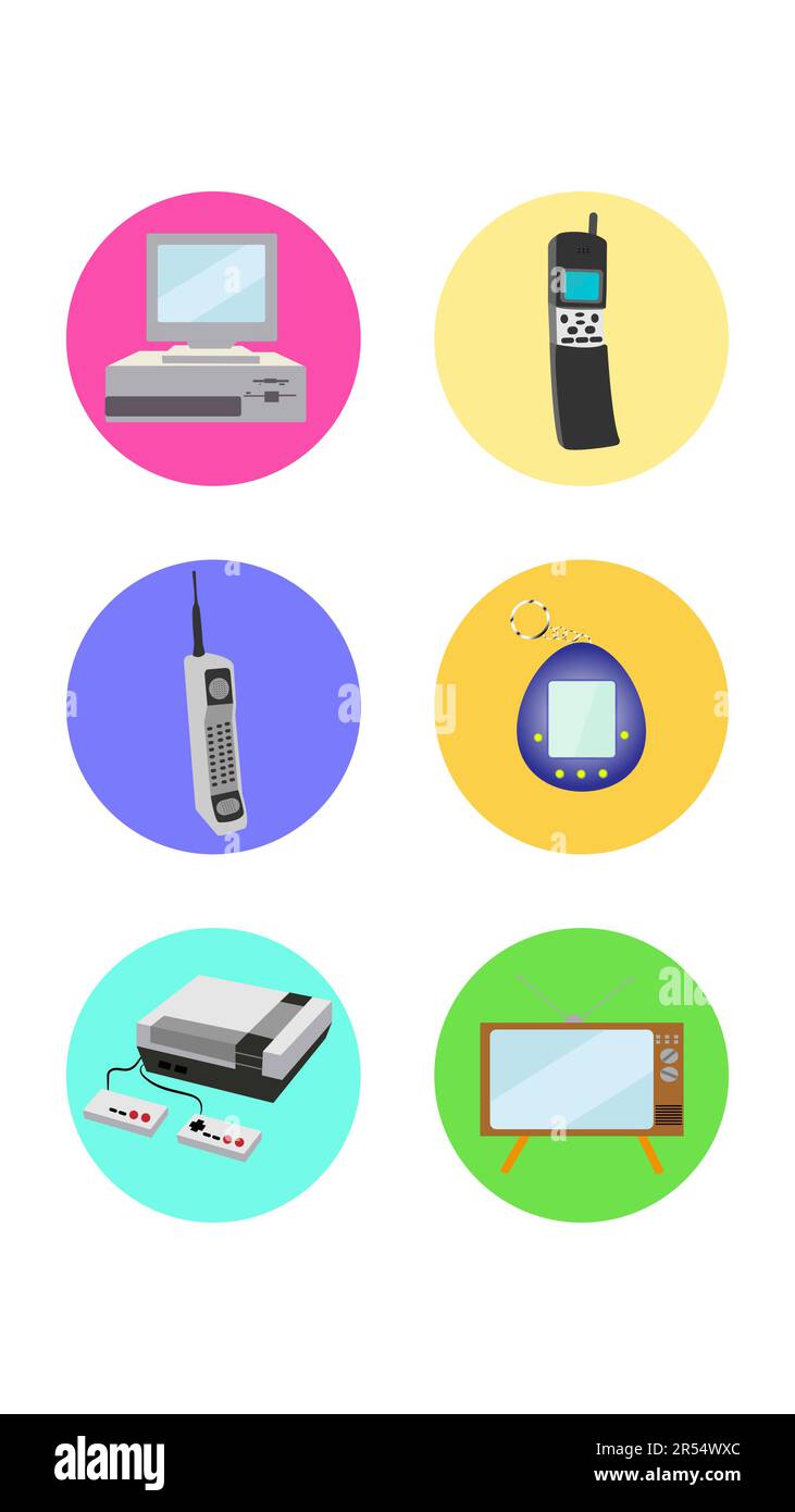 A set of six round icons for the current old antique retro technology ...