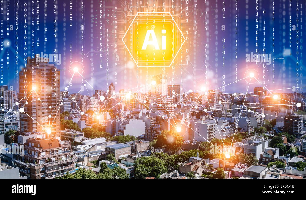 Ai technology city landscape. Futuristic big data city with transport ...