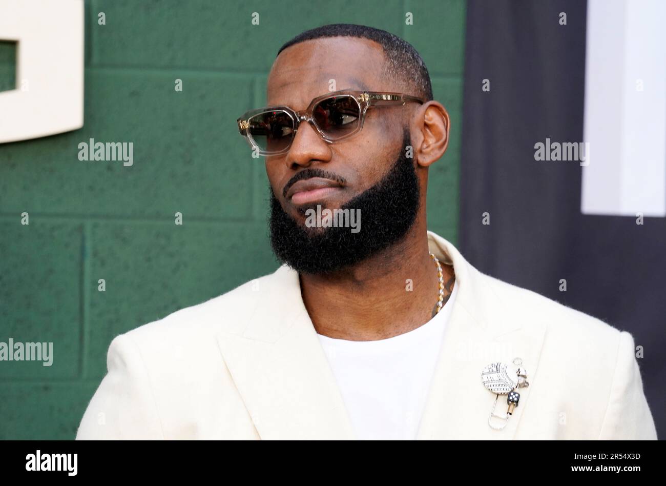 LeBron James poses at the premiere of the Peacock film "Shooting Stars," Wednesday, May 31, 2023 ...