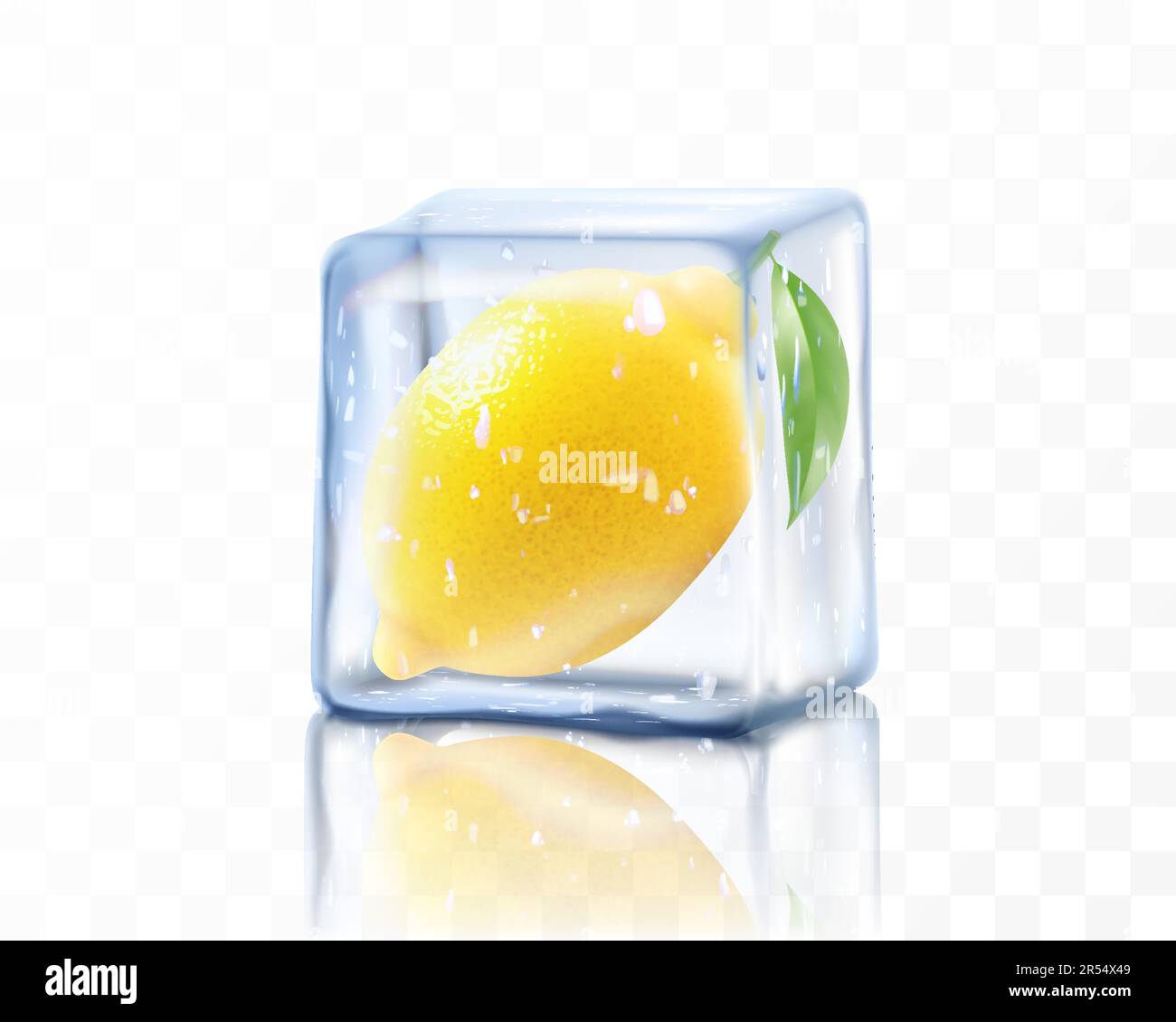 Fresh ripe lemon in ice cube isolated on transparent background. Frozen lemon, realistic 3d ...