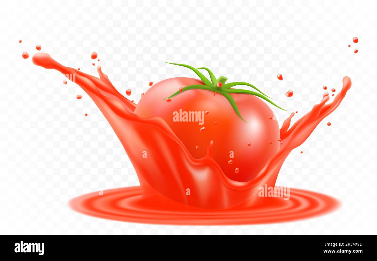 Realistic ripe tomato in red juicy splash. 3d Vector tomato juice ...