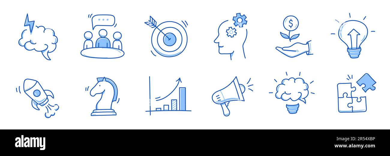 Business idea, startup doodle line icon set. Hand drawn doodle sketch line style business ...
