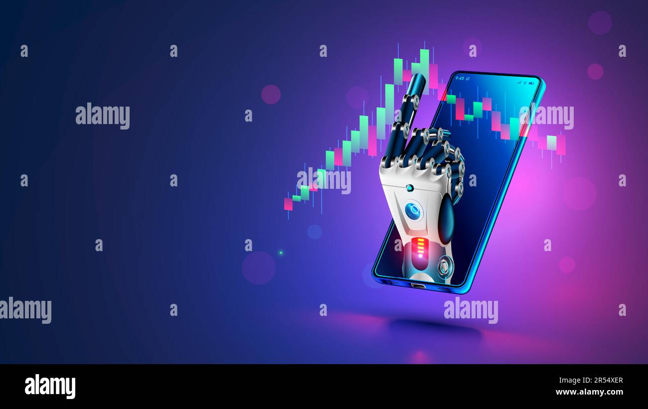 Robot trader. AI for automation trading on stock market. Hand robot point at candlestick graph ...