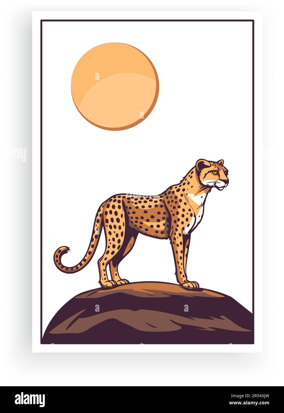 Chita illustration on top of a mountain on sunset, vector. Cheetah ...