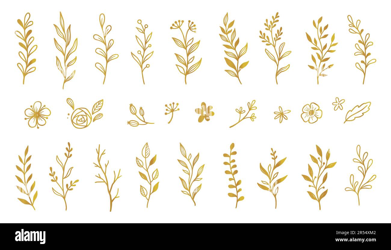 Gold branch leaf element set. Hand drawn sketch doodle golden leaves ...
