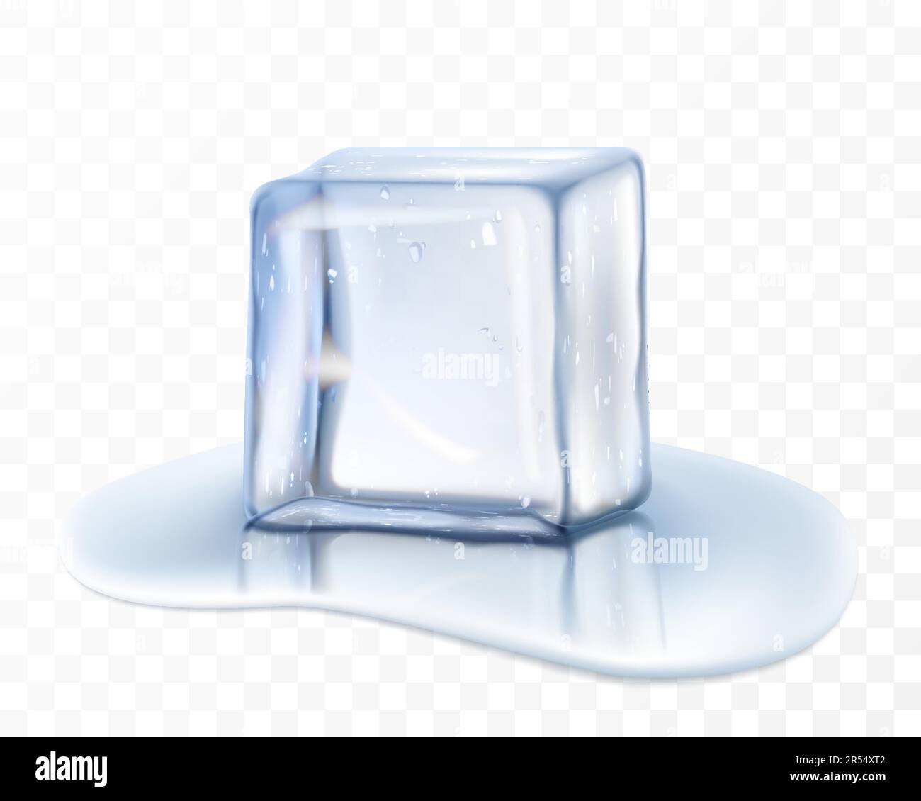 Transparent blue vector ice cube and water drops. Ice cube on water ...