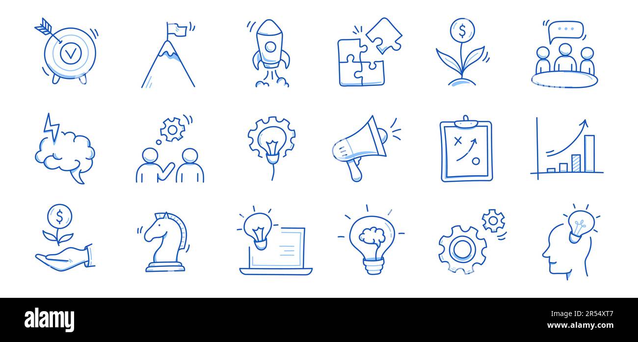 Business idea, startup doodle line icon set. Hand drawn doodle sketch line style business ...