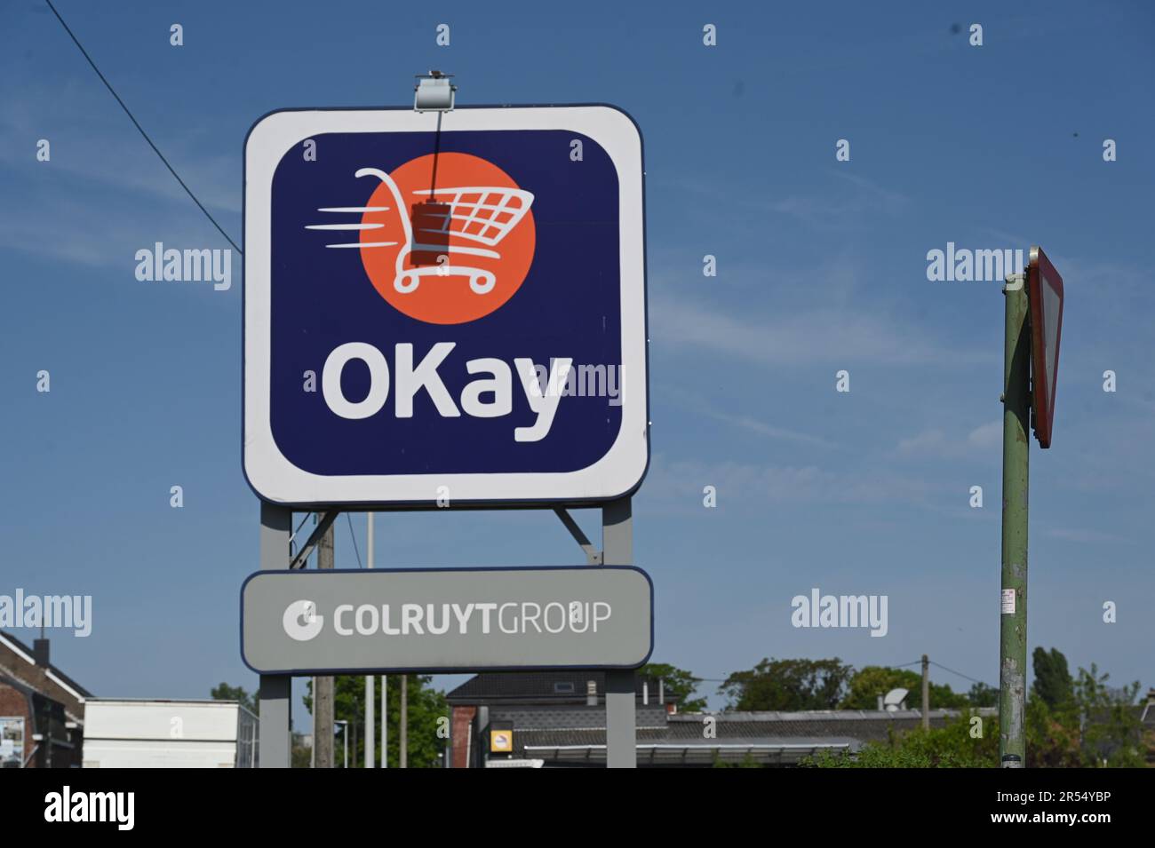 Eupen, Belgium. 28th May, 2023. Logo, lettering of OKay, a branch and ...
