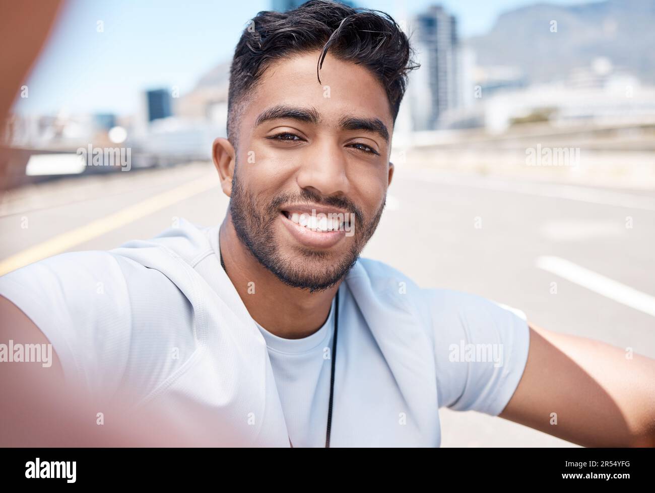 Happy, selfie and fitness with man in city for social media, profile ...