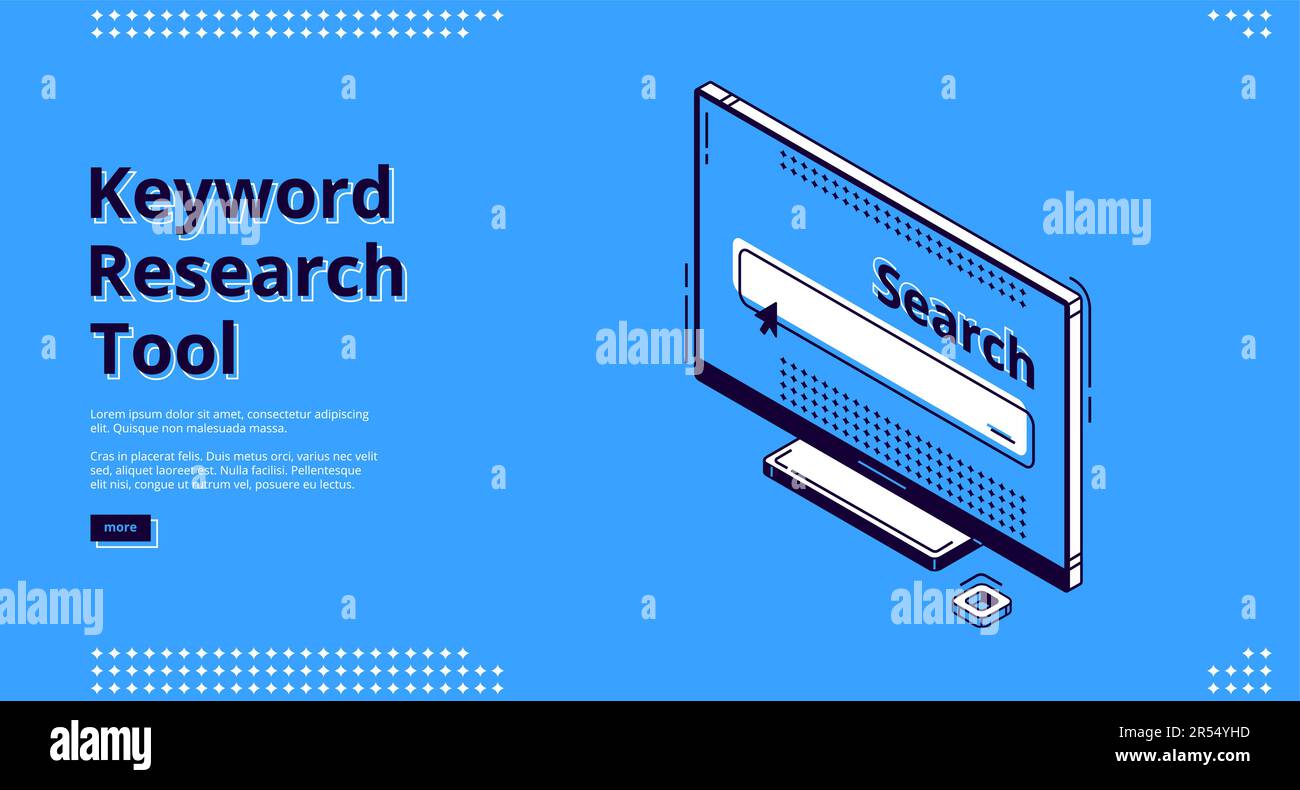 Keyword research tool isometric landing page. Computer monitor with ...
