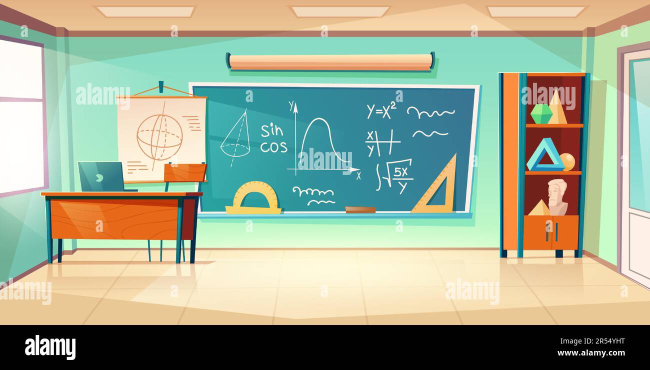 Classroom for math learning with formula on chalkboard. Vector cartoon ...