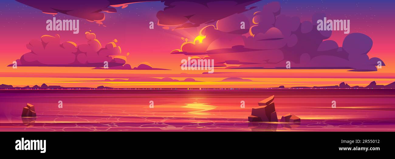 Sunset in ocean, pink clouds in sky with shining sun above sea with ...