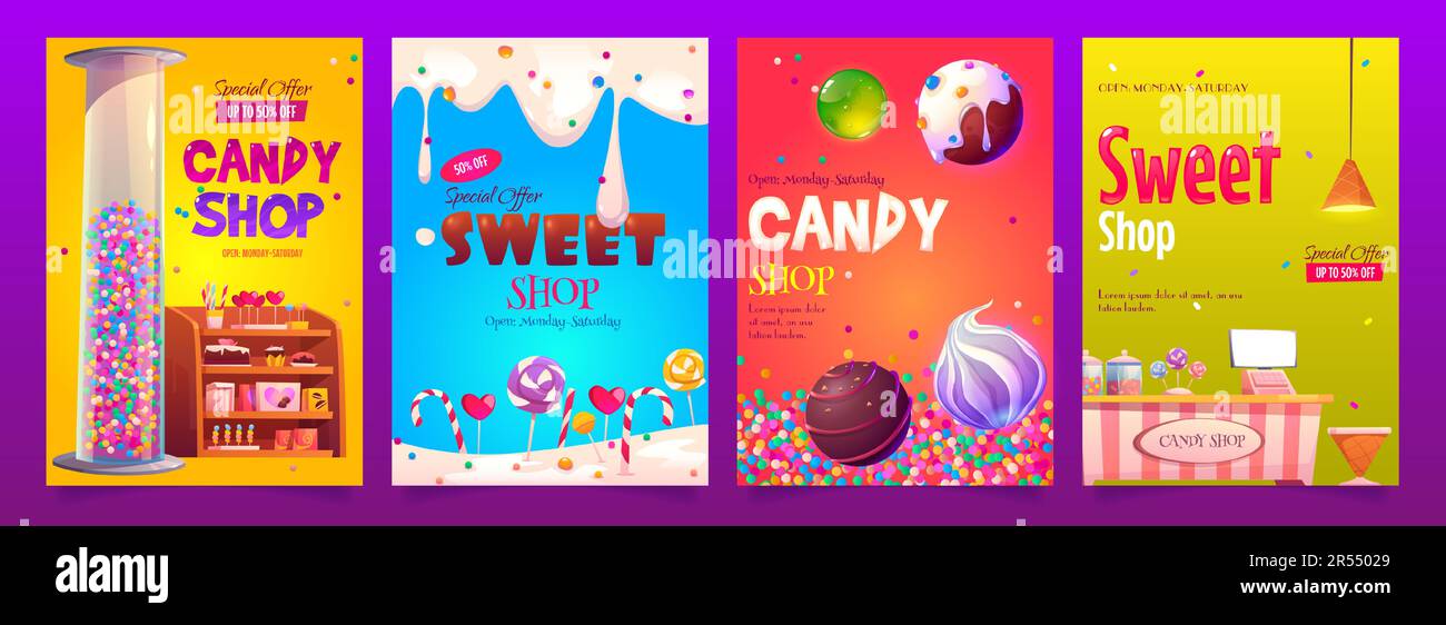 Candy and sweet shop ad banners set. Various pastry on shelf, cashier ...