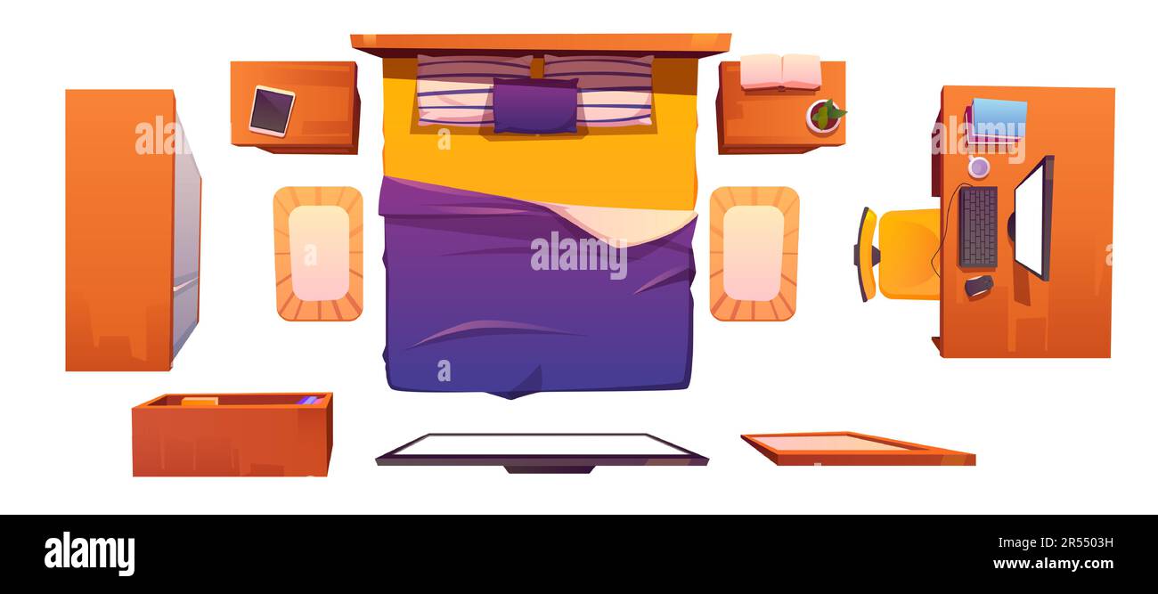 Bedroom interior set top view. Vector cartoon furniture for sleeping ...