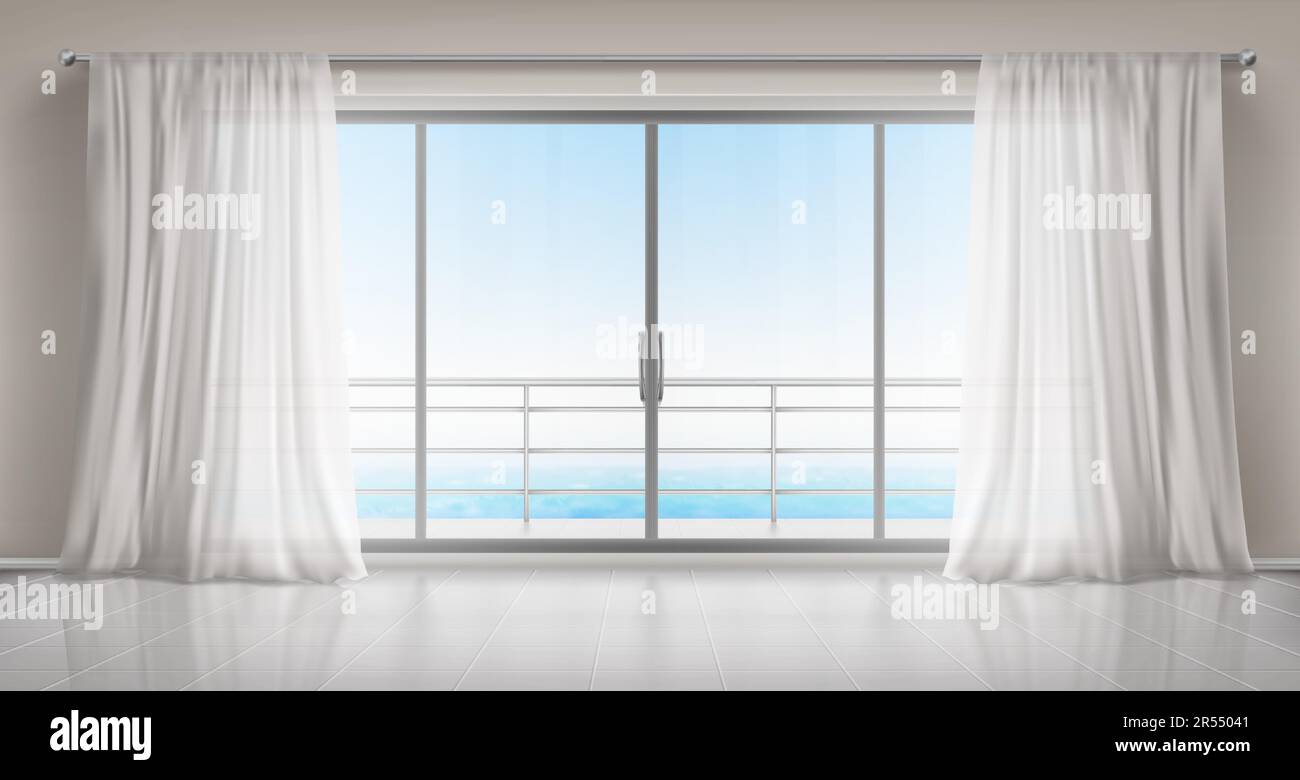 Glass windows with white silk curtains and overlooking to sea. Vector ...