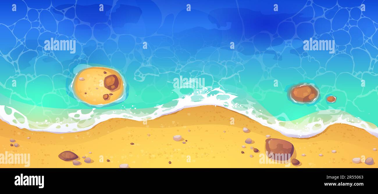 Summer sea beach top view. Sandy ocean shore with rocks. Vector cartoon ...