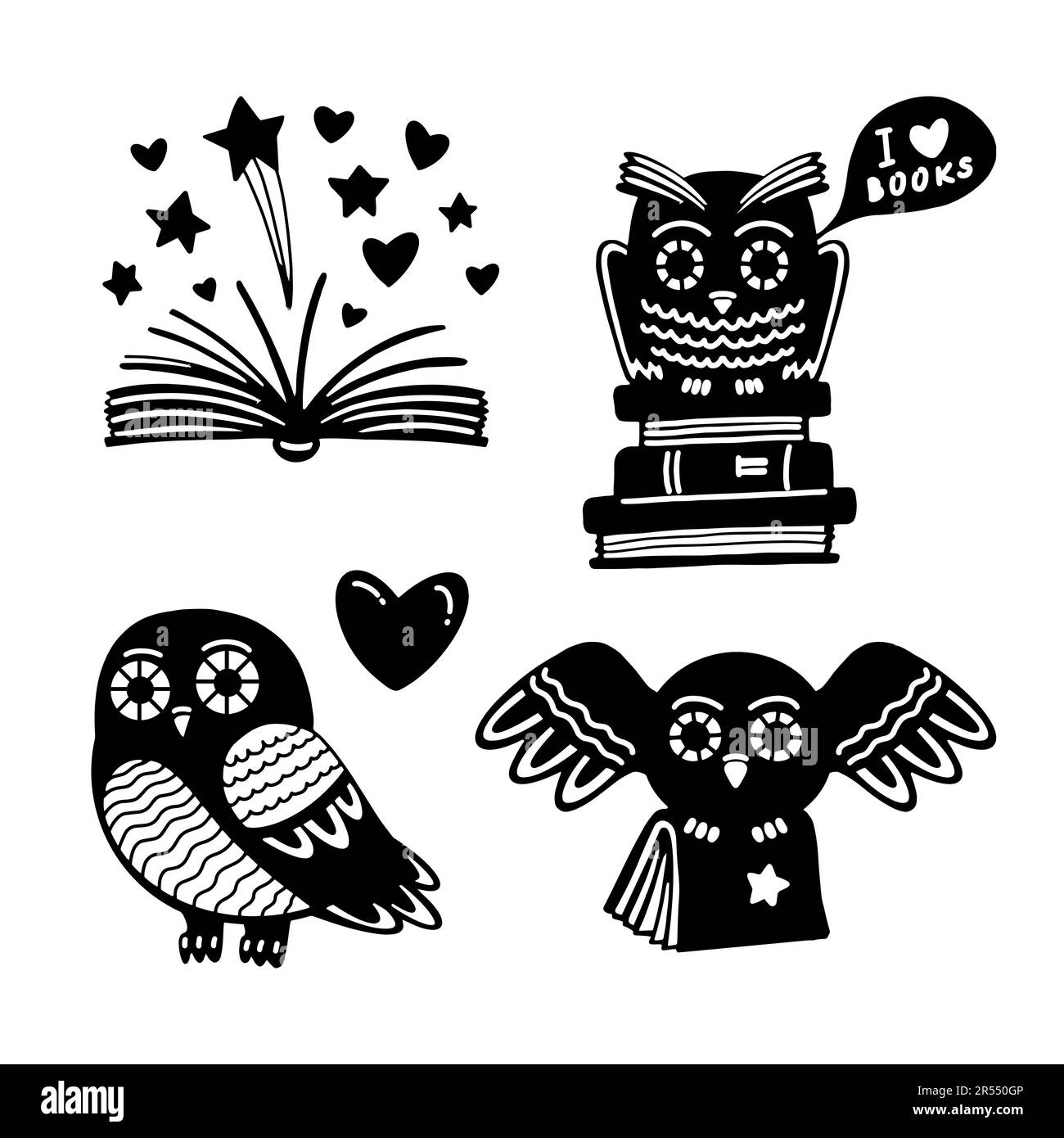 Cute little owls with books cartoon, line art, black silhouette Stock ...