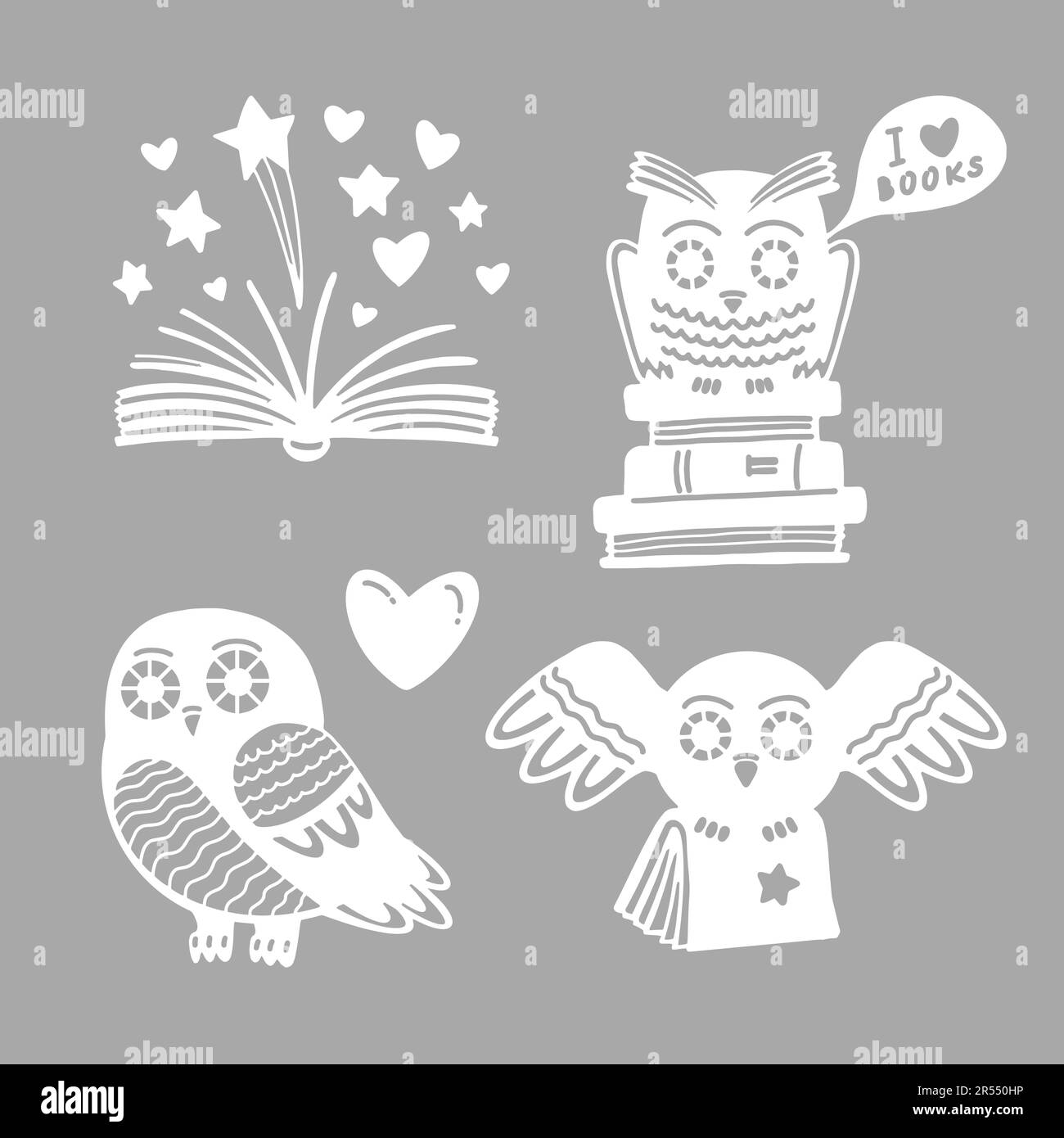 White Owls on gray application. Cute cartoon silhouette. Creative sign ...