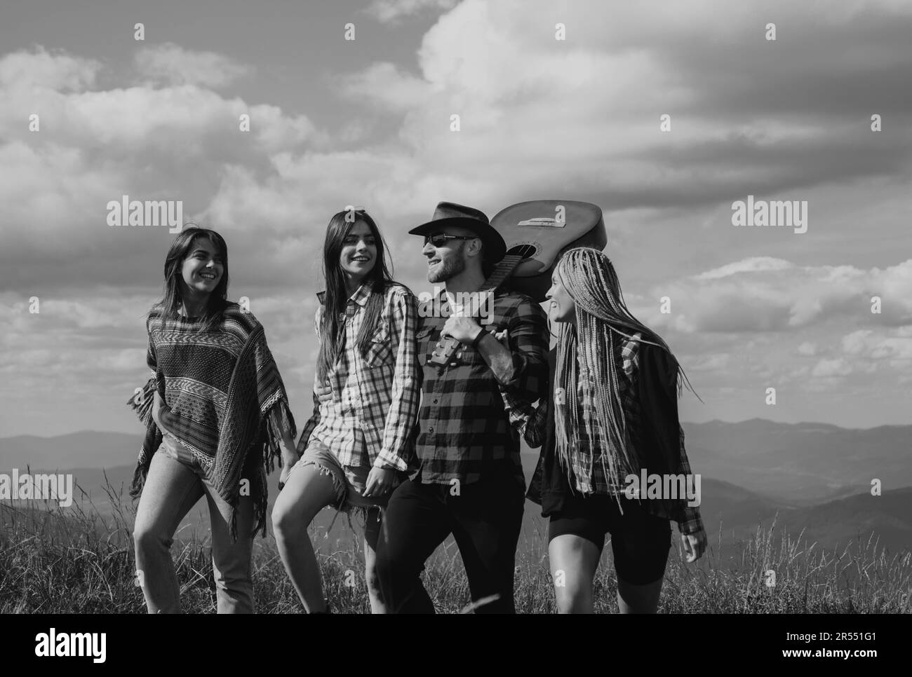 Group of friends hiking. Group of hikers walking in the nature. Friends ...