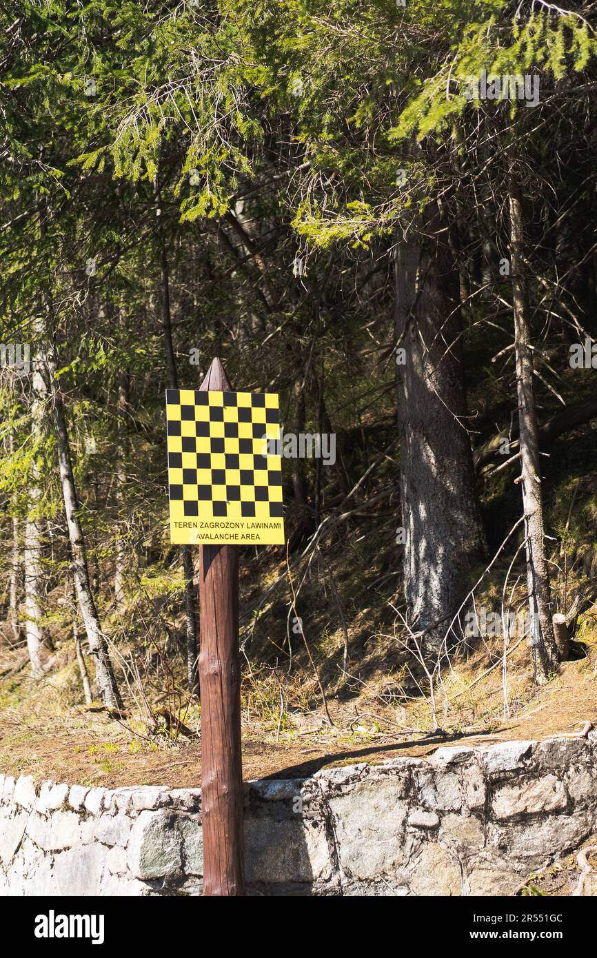 Danger - Avalanche area warning sign in Tatra mountains Stock Photo - Alamy