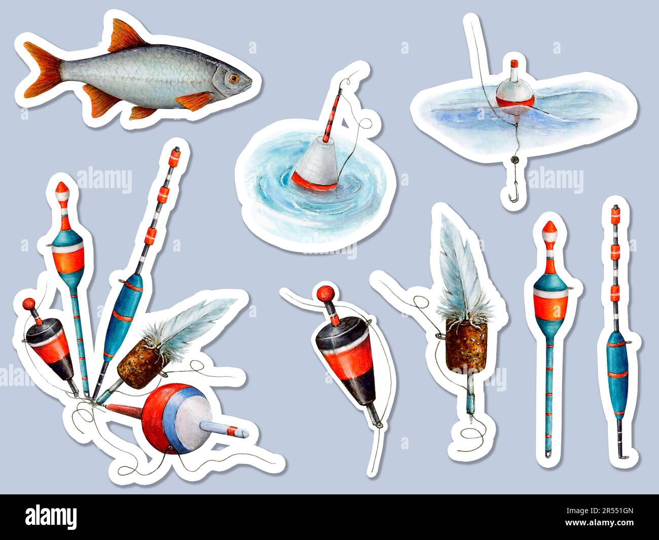 Watercolor drawing set of stickers of fish, different types of floaters ...